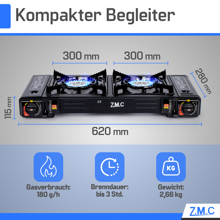 Gaskocher 2 flammig, 1 flammig mit Grillplatte mit Gaskartuschen – ZMC Camping